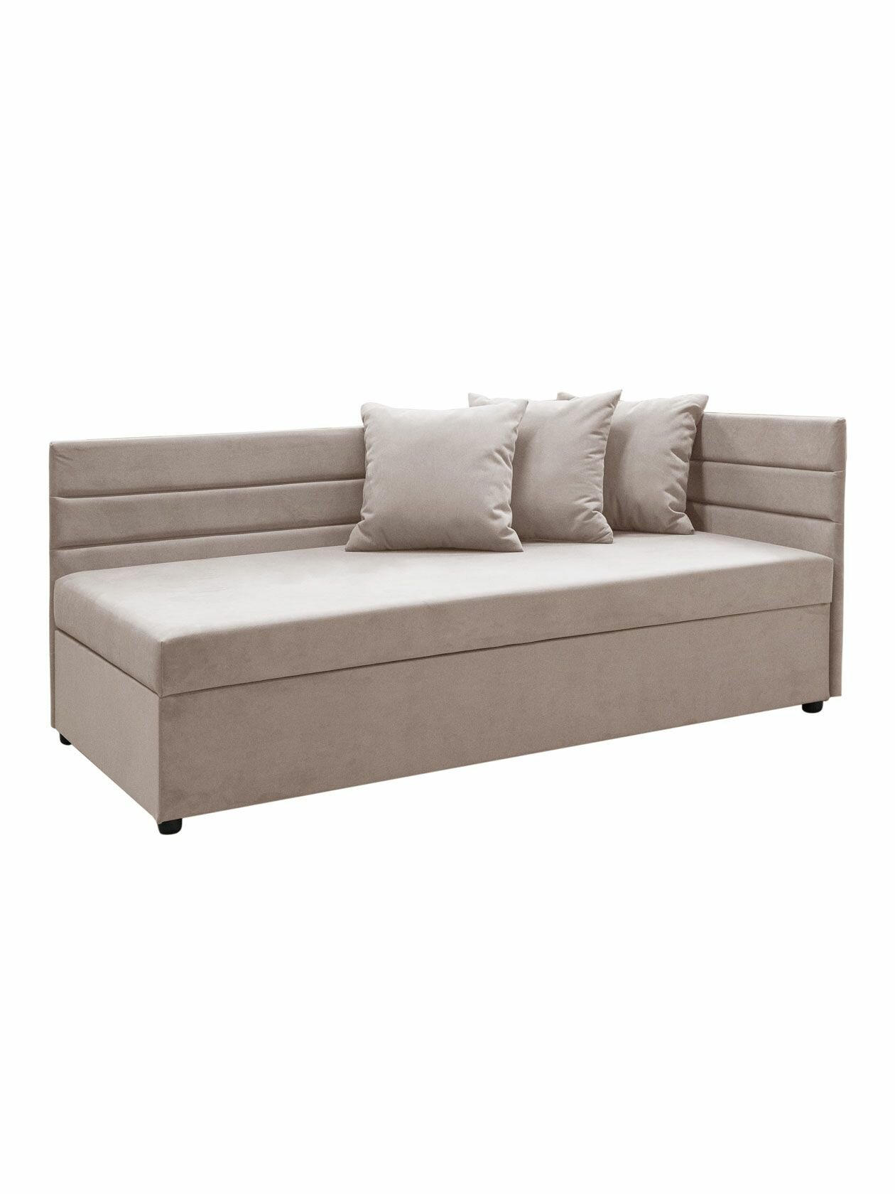 Диван прямой Далия с подлокотниками, нераскладной, с ящиком для белья, с декоративными подушками, Бежевый, велюр