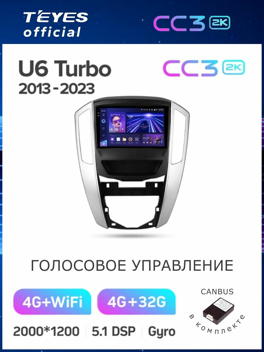 Магнитола Luxgen U6 Turbo 2013-2023 Teyes CC3 2K 4/32GB, штатная магнитола, 8-ми ядерный процессор, QLED экран, 2 DSP, 4