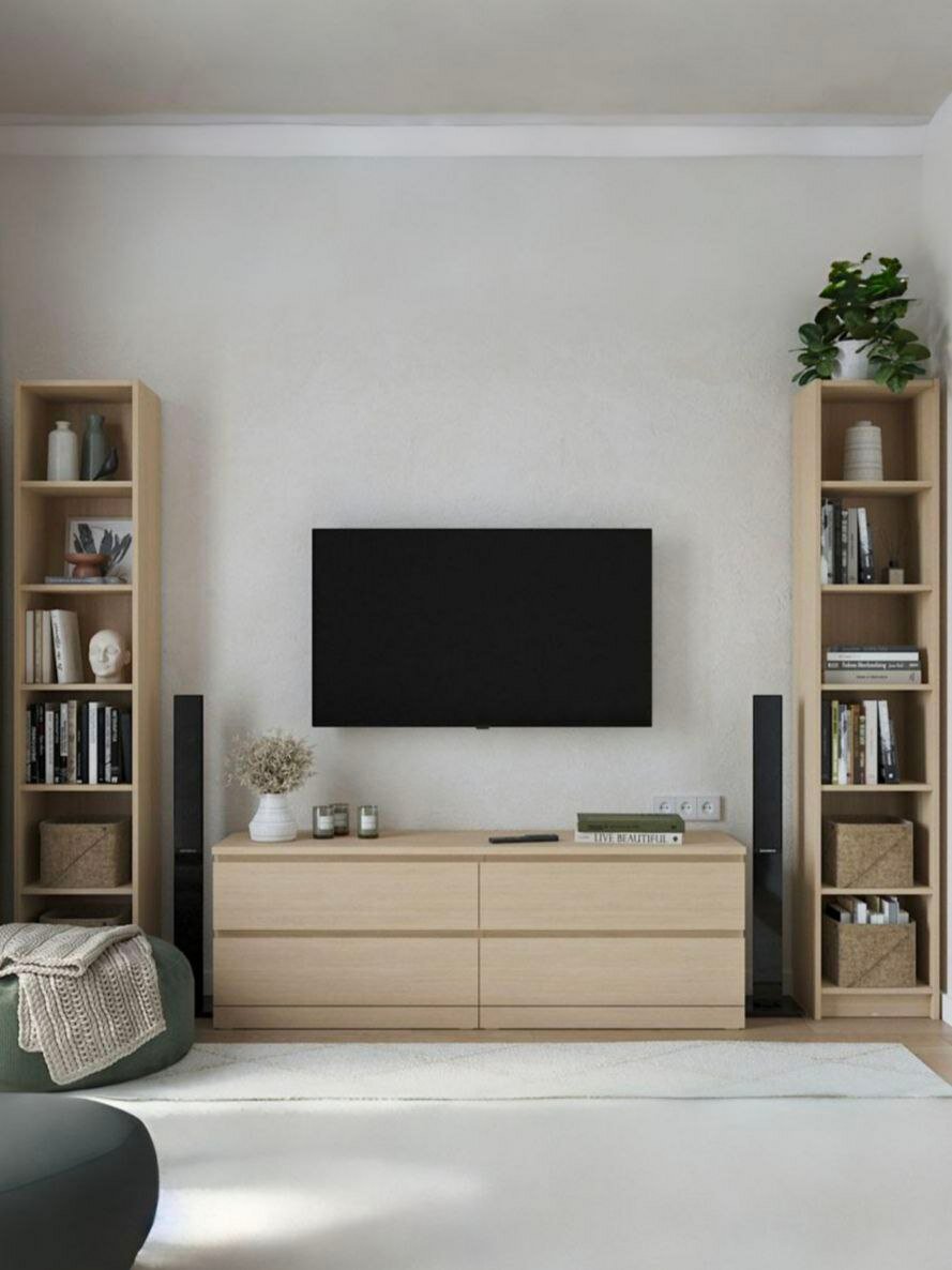 Гостиная комплект Варма с комодом, со стеллажами, с ящиками, с полками, 237.1х40х198 см, Беленый дуб