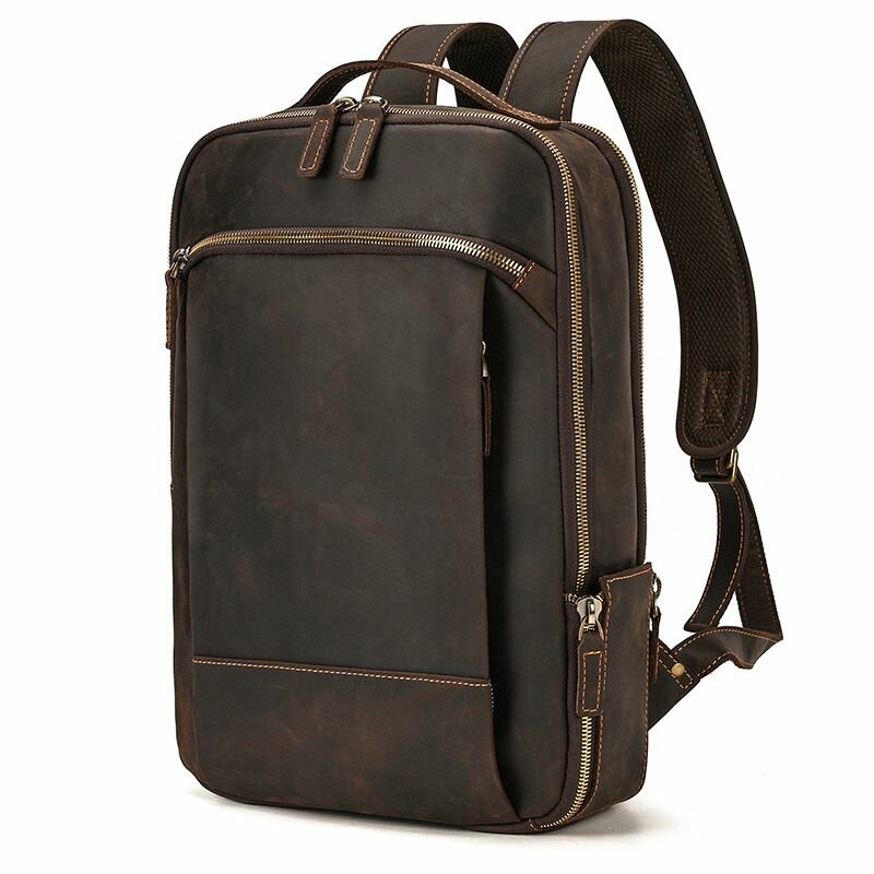 Мужской ретро-кожаный рюкзак, 15,6-дюймовая сумка для ноутбука, бизнес-рюкзак с высокой пропускной способностью-DWG