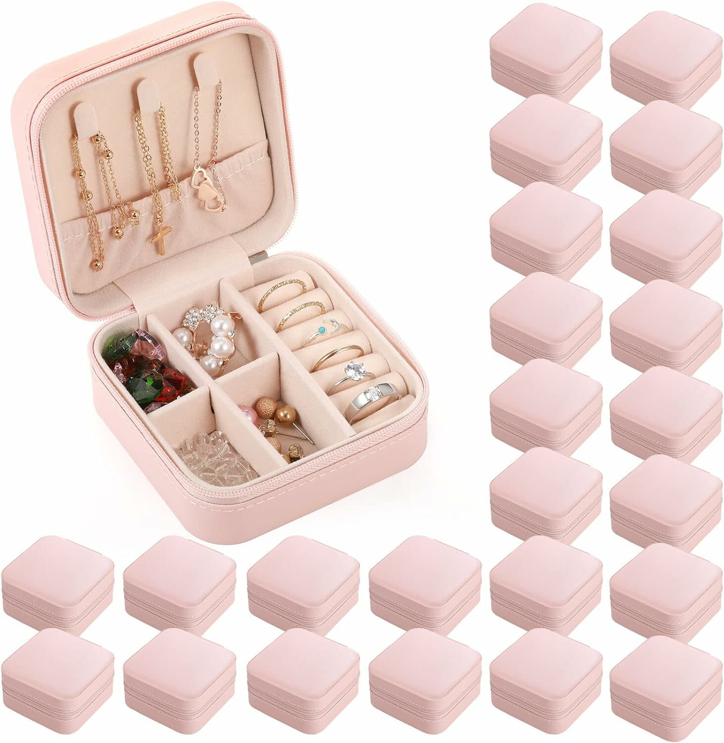 Коробки из Кожи ПУ Малые для Ювелирных Изделий Путёвые Подарочные Коробки Дамы Почестной Организатор Ювелирных Изделий Портативный (Розовый, 24)