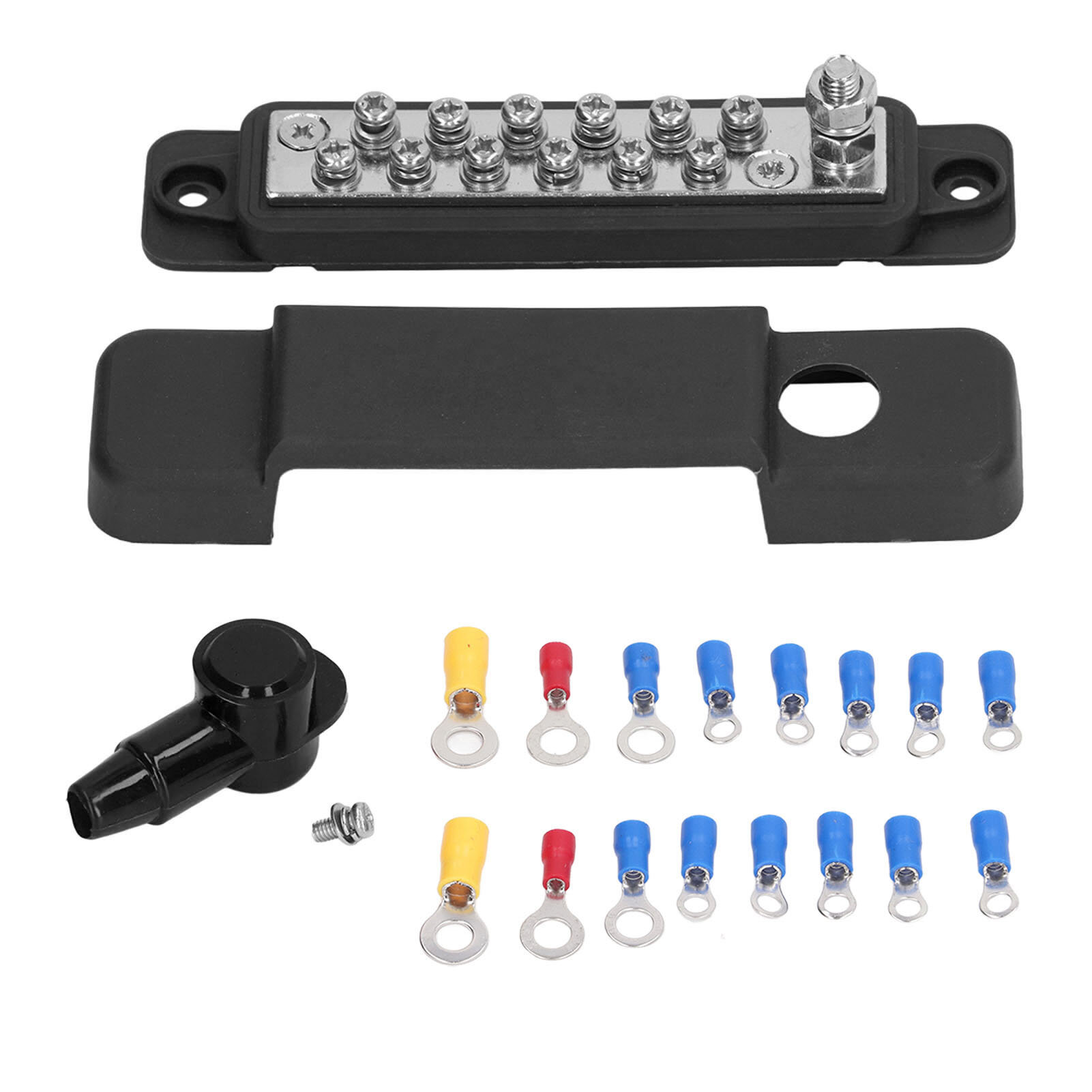 Распределительныйклеммныйблоксшиной,12контактов, скрышкой, длякаравановияхт,48Впостоянноготока,150А, черный.