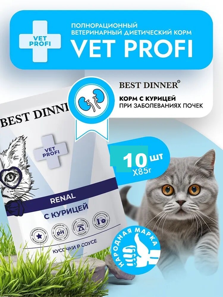 Влажный корм для кошек Best Dinner Exclusive Vet Profi Renal Курица в соусе (кусочки) 85 г, 10 шт