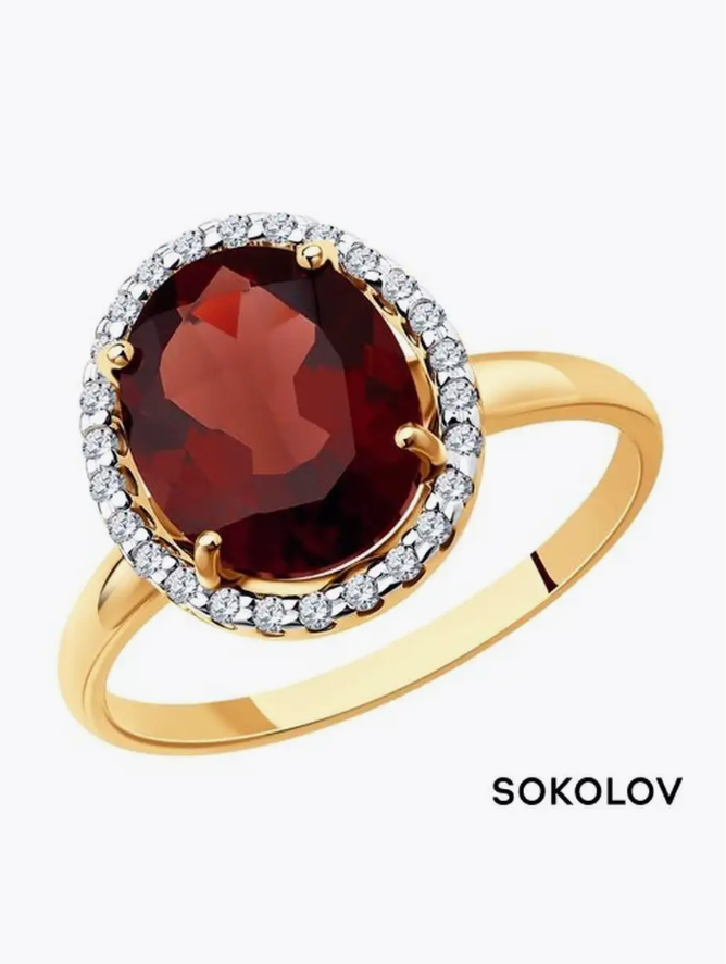 Кольцо обручальное, красное золото, 585 проба, фианит, гранат
