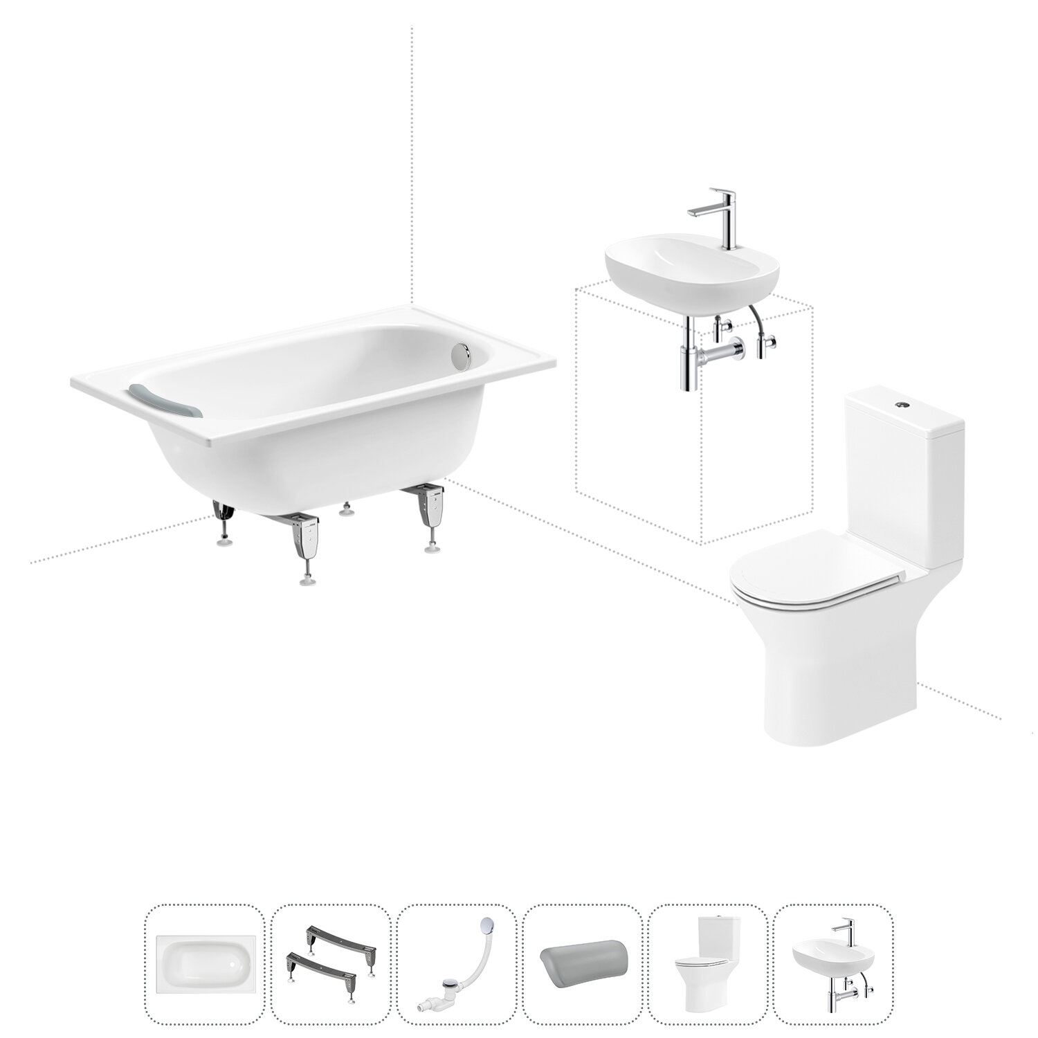 Стальная ванна 105х70 Sanitana BLB Europa 20220569R в наборе 6 в 1: металлическая ванна 105 х 70 см, ножки, слив-перелив, подголовник, унитаз, раковина с комплектом для подключения