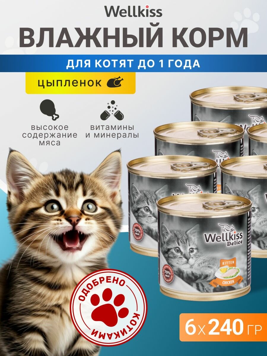 Wellkiss Delice Влажный корм (консервы) для котят, с цыпленком, 240 гр. * 6 шт.