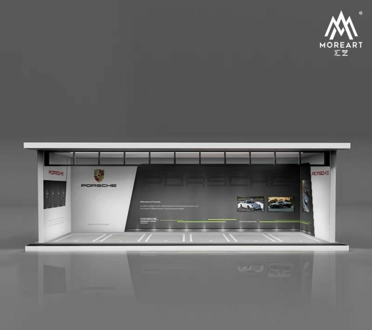 Диорама гараж MoreArt Porsche с подсветкой для машинок для моделей 1:64. Игрушечный гараж, парковка для машинок