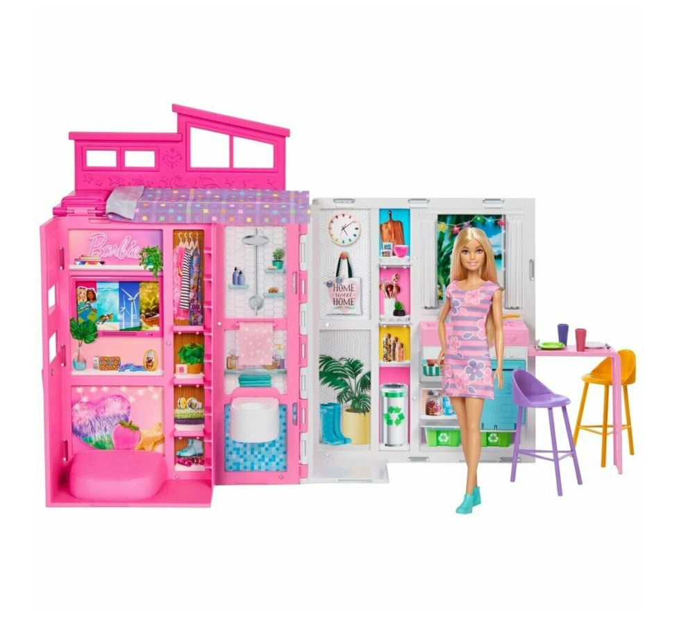 Кукольный домик Barbie HRJ77, 4 зоны, 2 этажа, розовый, с мебелью, с аксессуарами