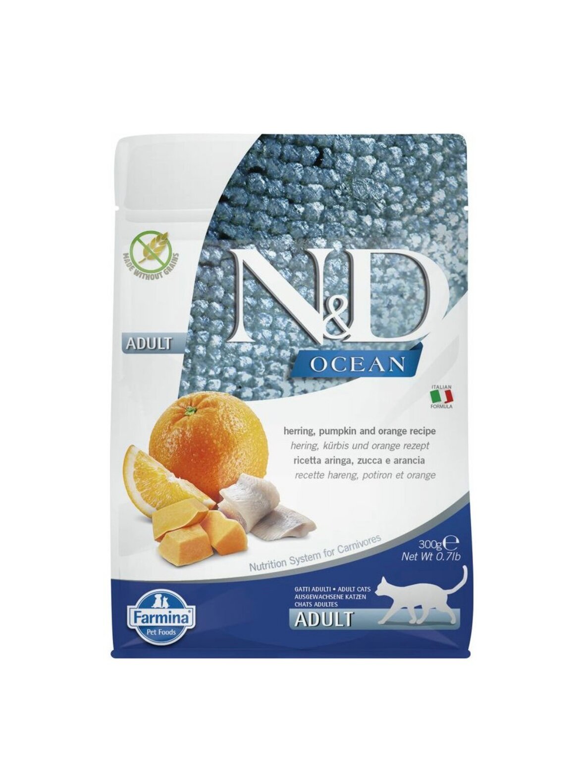 Сухой корм Farmina ND Ocean Cat Herring Pumkin / Orange Adult для взрослых кошек, сельдь, тыква и апельсин, 300г