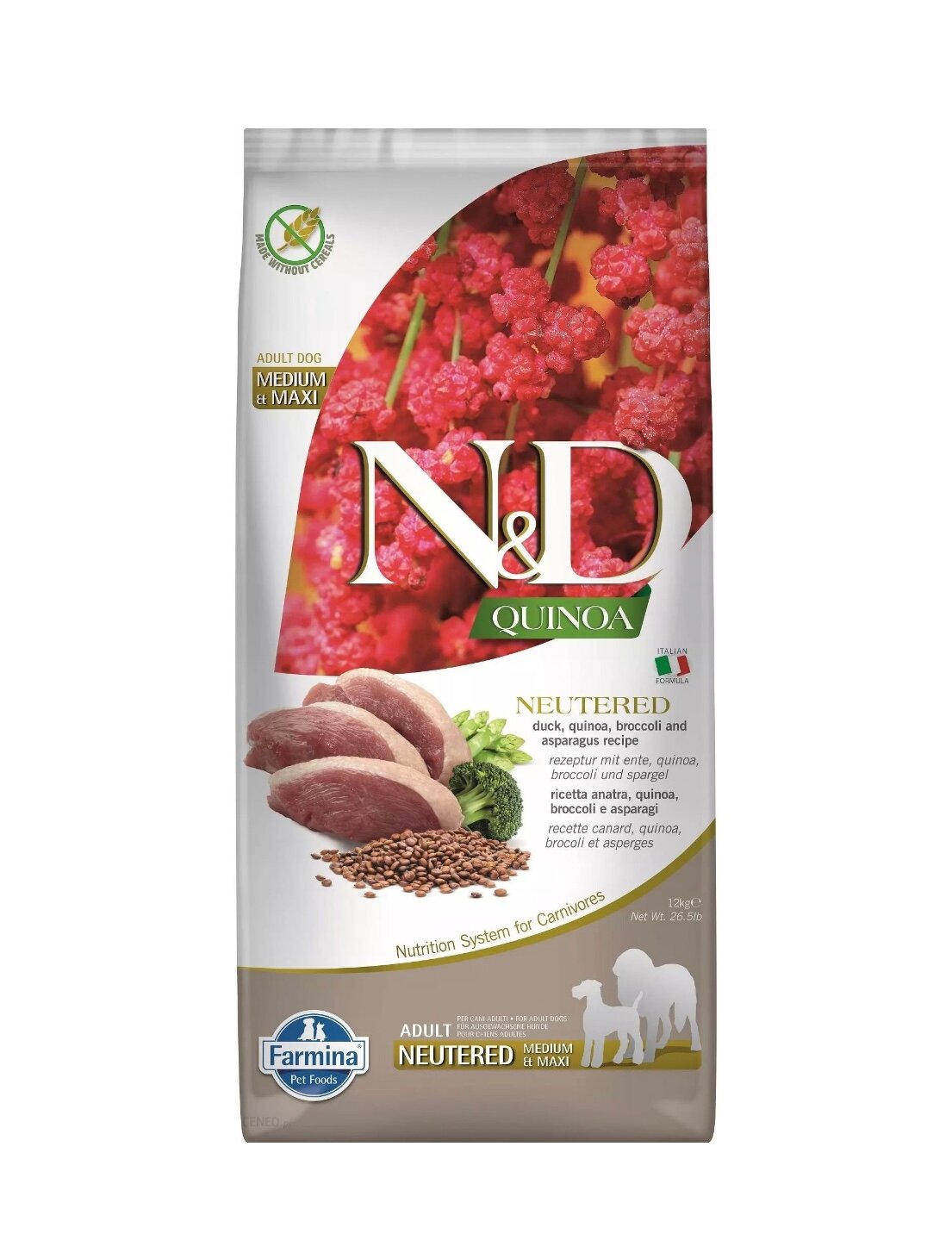 Сухой корм Farmina ND Dog GF Quinoa Duck Neutered Medium-Maxi для стерилизованных и кастрированных собак средних и крупных пород с уткой, 12кг