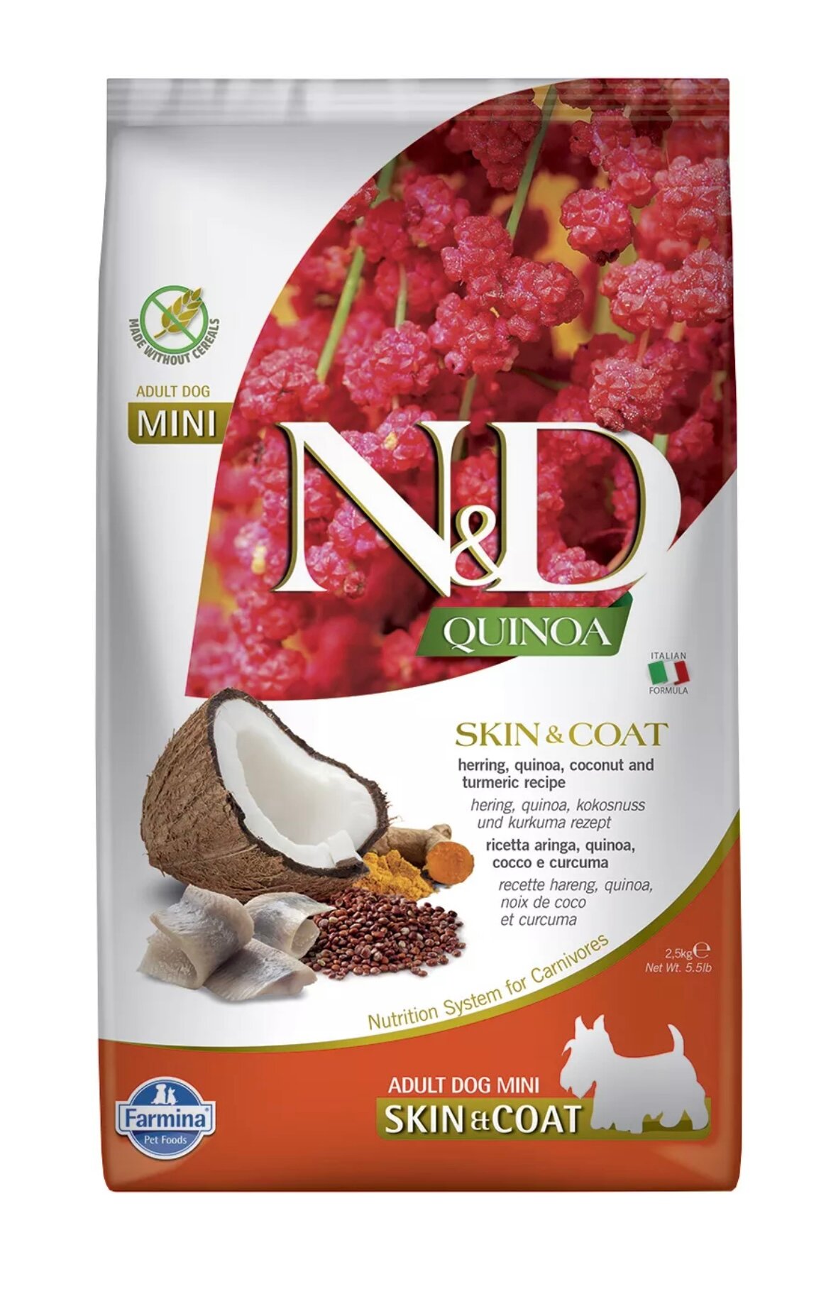 Сухой корм Farmina ND Dog GF Quinoa Skin-Coat Herring Mini для взрослых собак мелких пород с сельдью, уход за кожей и шерстью, 2,5кг