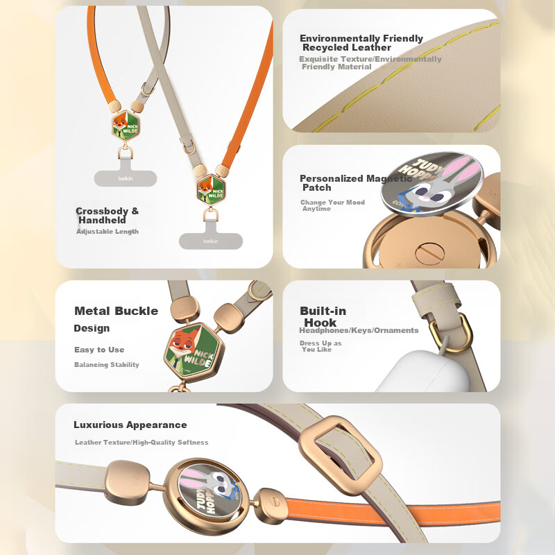 BELKIN 2-in-1 Leather Phone Lanyard for Apple Full Cover Phone Case, Adjustable Length for Neck or Crossbody, Crazy Animal City