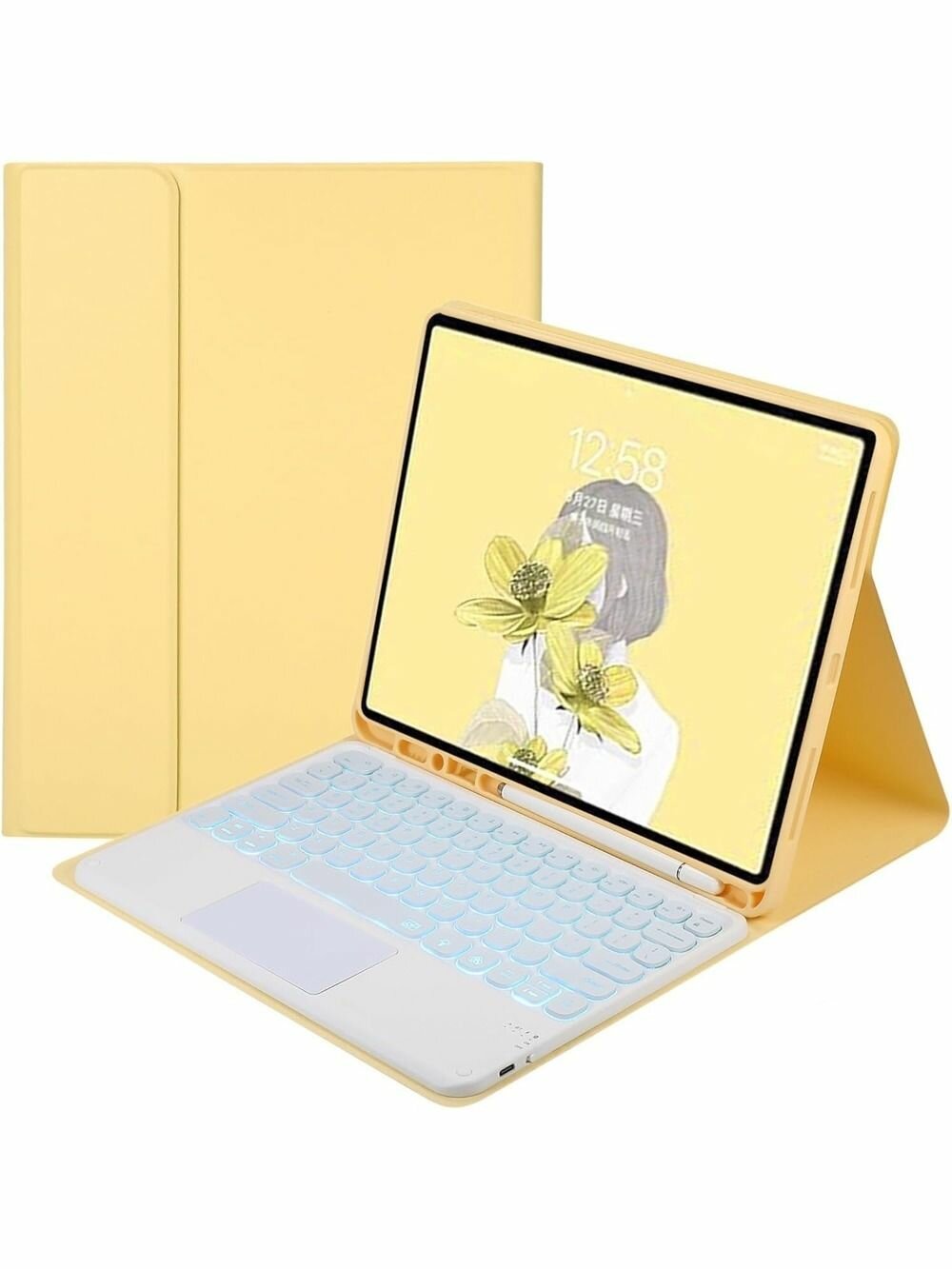 Чехол для русской клавиатуры, совместимый с iPad (A 16) 11-го поколения 2025, Чехол-подставка для планшета с держателем пера, 7-цветная клавиатура с подсветкой и сенсорной панелью