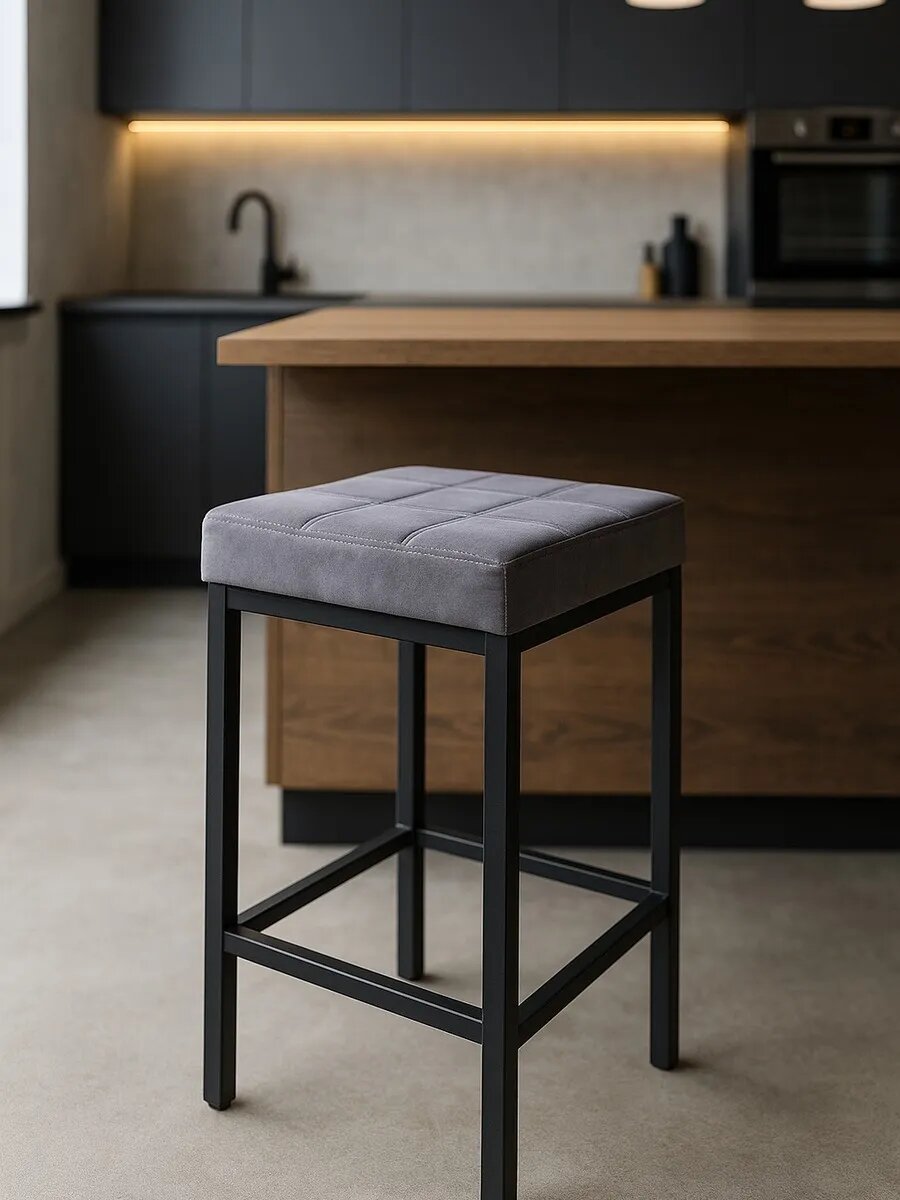 Полубарный стул для кухни без спинки сварной, металлический, велюр, серый
