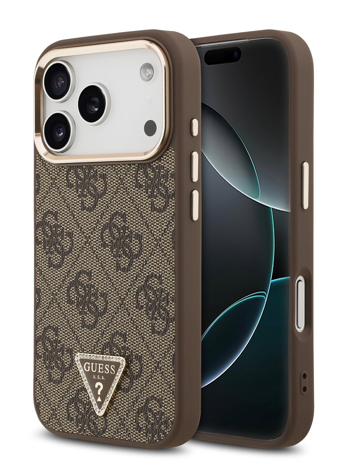 Guess чехол с MagSafe для iPhone 17 Pro Max, PU кожа 4G Triangle Diamond metal logo Gold camera, коричневый