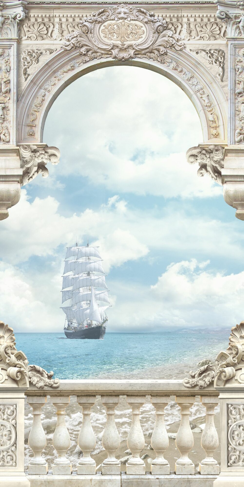 Фотообои Уютная стена "Красивый балкон с видом на парусник в море" 140х270 см Бесшовные Премиум (единым полотном)