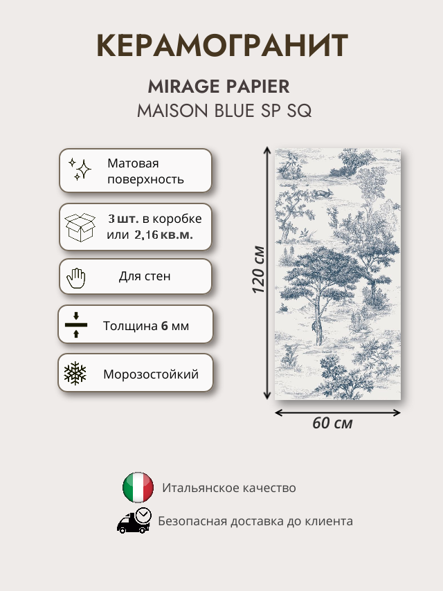 Керамогранит MIRAGE PAPIER Maison Blue, 60x120, матовый, настенный, 2,16 кв. м (3 шт в упак)