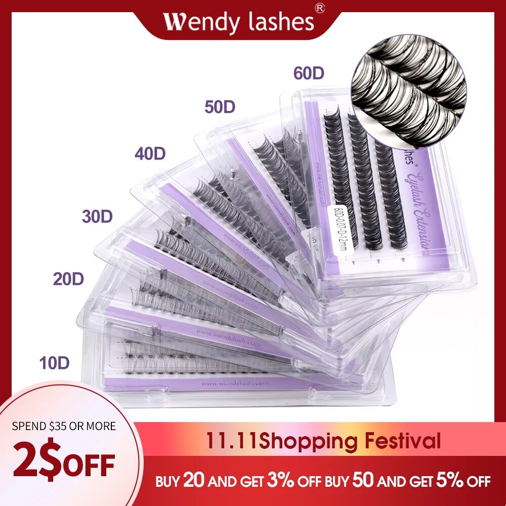 Кластерные ресницы Wendy Lashes D изгиб, 14 мм, 50D-3 ROWS