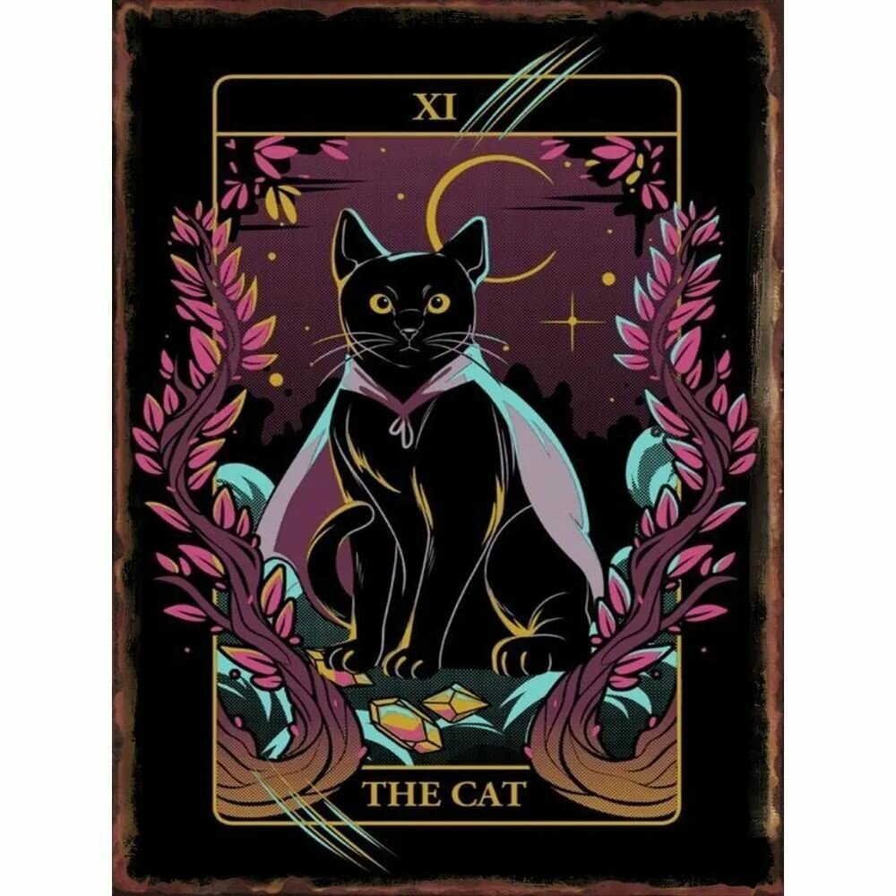 Табличка черный кот таро "The Cat Tarot", ретро стиль, металл, декор для интерьера, 20х30 см.