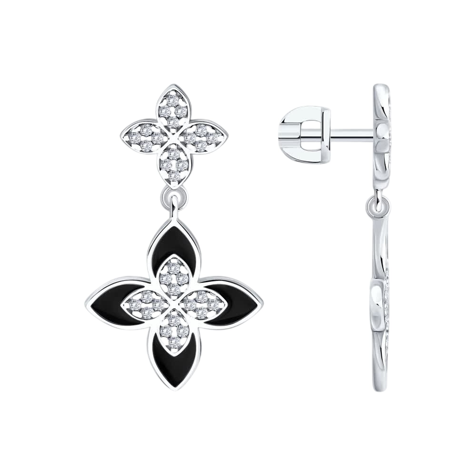 Серьги пусеты, серебро, 925 проба, родирование, фианит, эмаль