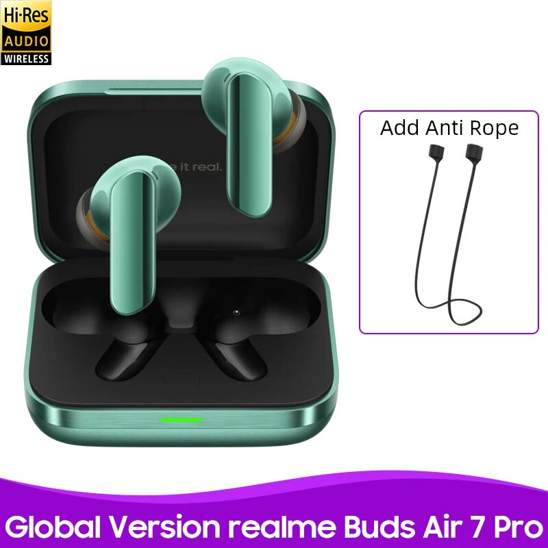 Глобальная версия Realme Buds Air 7 Pro True Беспроводные наушники 53 дБ с активным шумоподавлением Bluetooth 5,4 Наушники 48 часов батареи RacingGreennAntiRope
