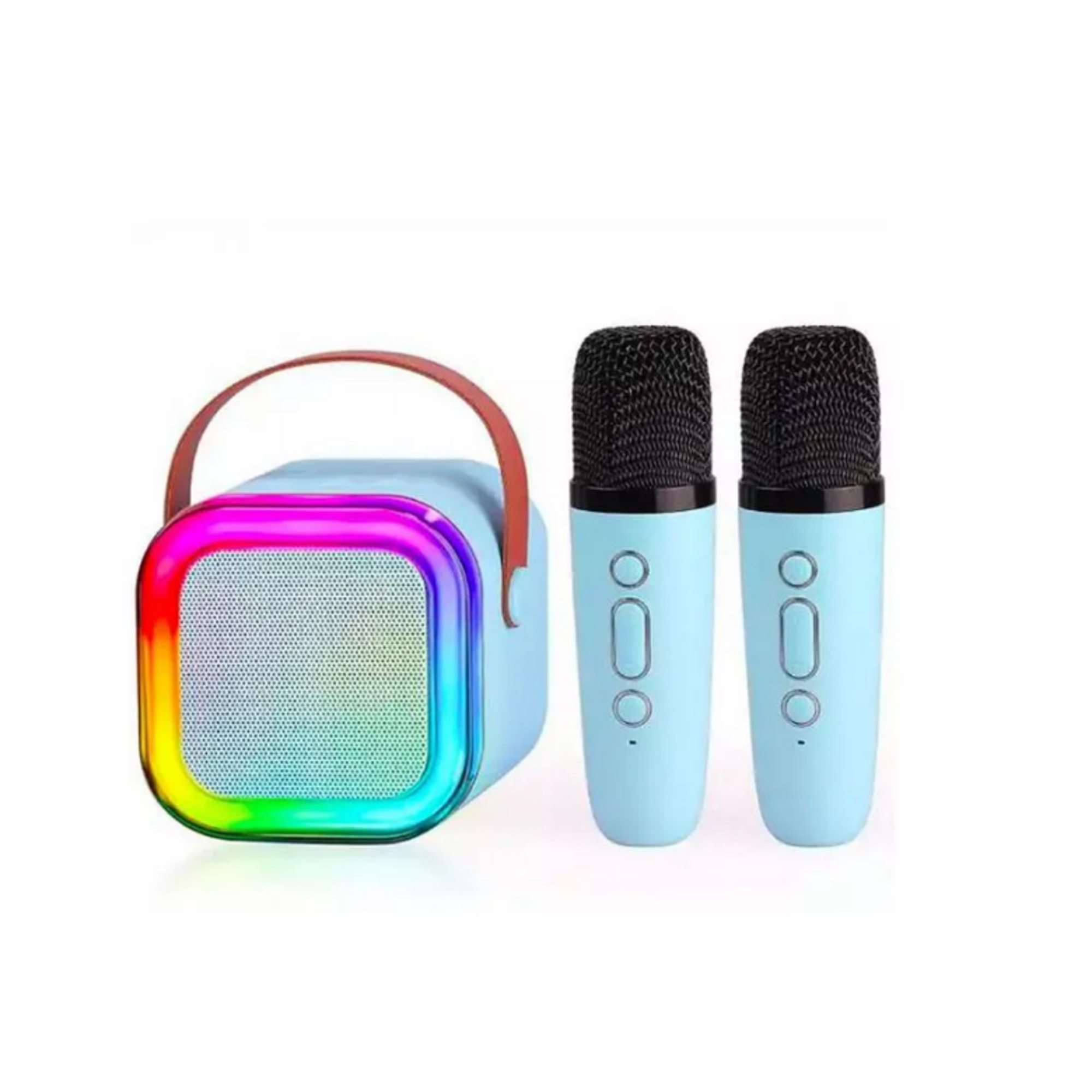 Детская караоке система/Караоке система с двумя беспроводными микрофонами и колонкой (голубой)/(Беспроводной, Живой вокал, Портативная колонка)
