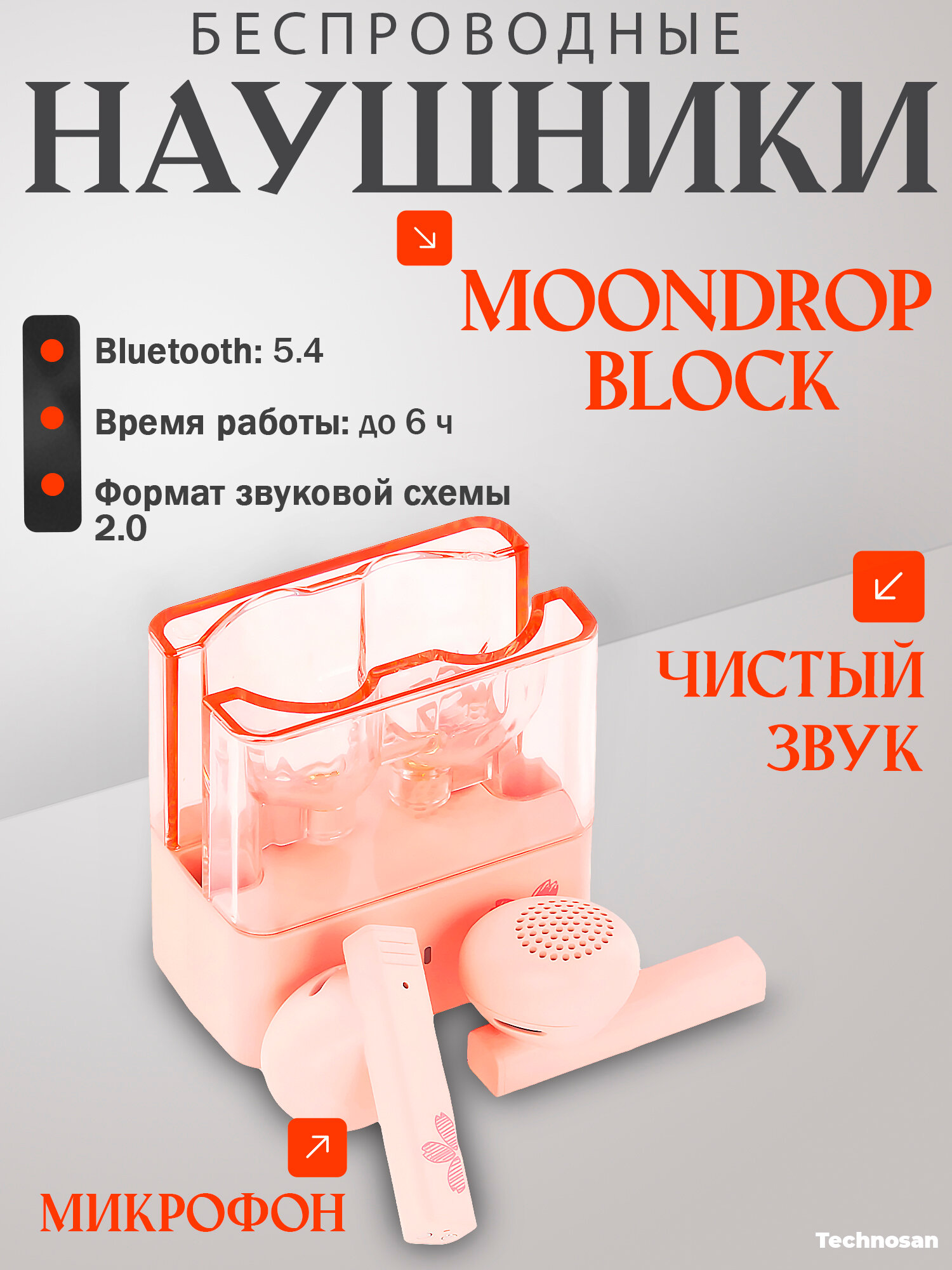 Беспроводные TWS наушники MoonDrop Block (розовый) Bluetooth 5.4