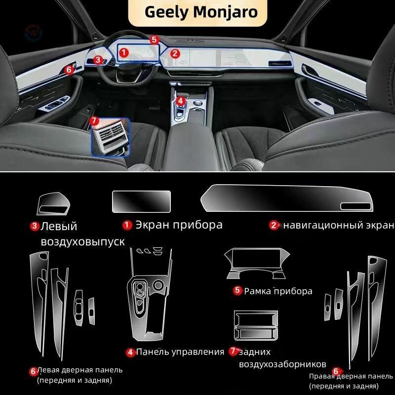 Полный комплект матовой защитной пленки для салона Geely Monjaro 2023 надежная защита от царапин, износа и выцветания