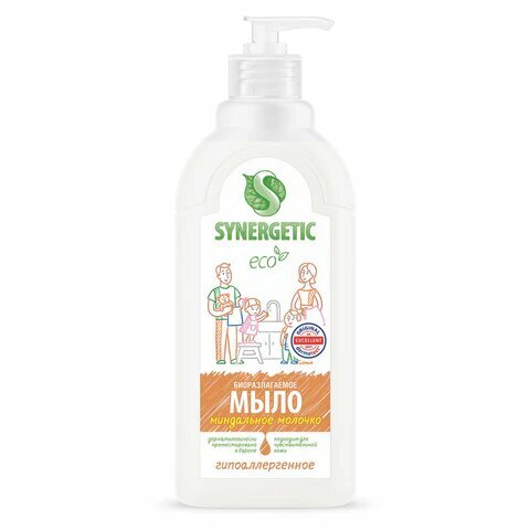 Мыло жидкое 500мл SYNERGETIC "Миндальное молочко", гипоаллергенное, биоразлагаемое, доз, 105058