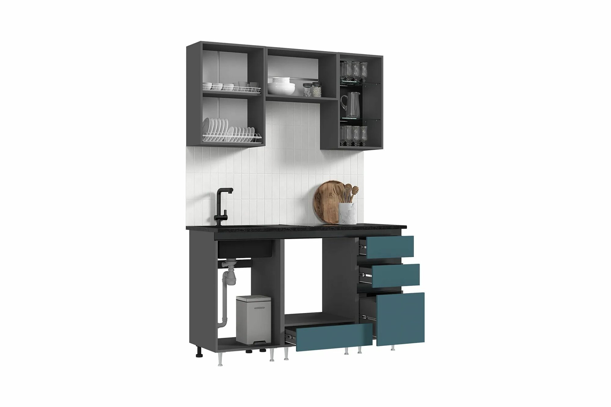 Кухня Техно-6 1,5м (Графит/Белый снег софт/Графит софт NEW)