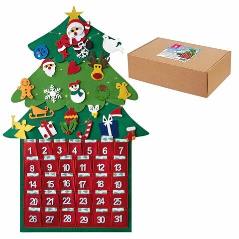 Фетровый адвент-календарь 100x50 см, 24 украшения, 31 задание + 1 в подарок, 3 м гирлянда, золотая сказка, 592140