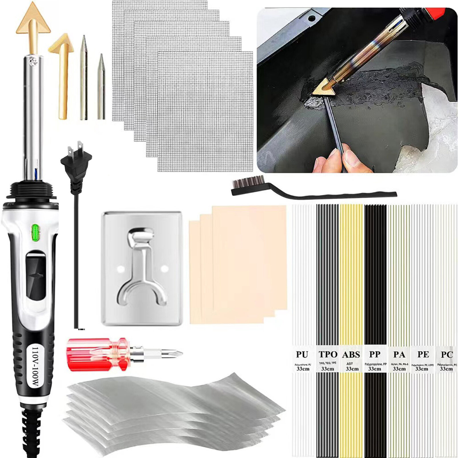 100W Набор для сварки пластика, 2-в-1 Пластиковый сварщик и паяльник, Паяльник с 3-ступенчатым регулированием температуры для ремонта бамперов и каяков, Станция для репарирования, Электрический паяльник, Цвета: Красный, Синий, Белый, Размеры: Длина