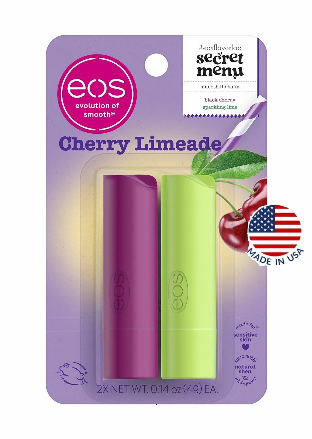 Бальзам для губ eos Flavor Lab Secret Menu - Вишня и лайм, лимитированная серия, увлажняющий, для сухих губ, набор из 2 штук