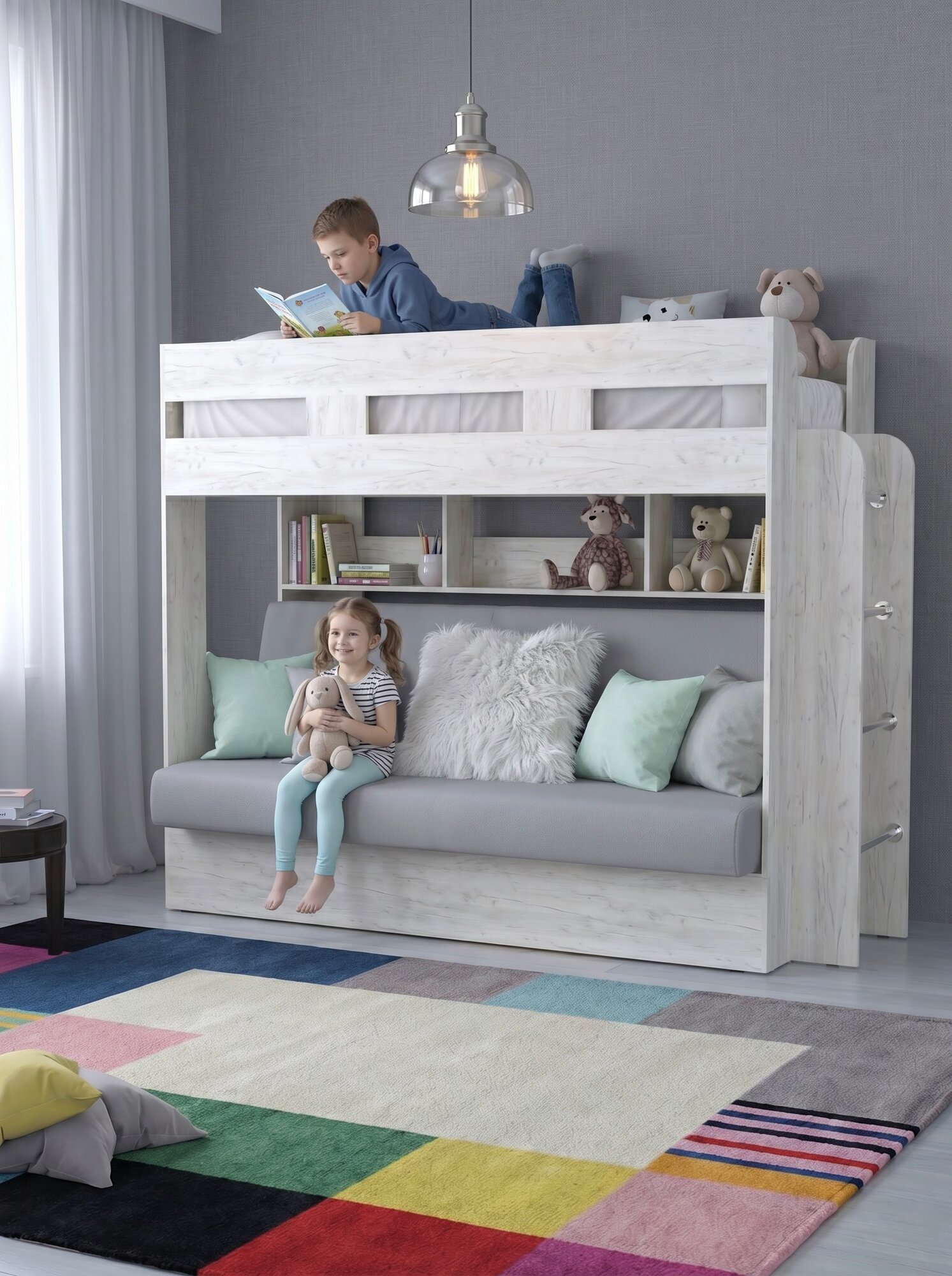 Кровать двухъярусная с диваном, спальное место 80х190см и 1200х190см, ЛДСП, дуб крафт белый/серый