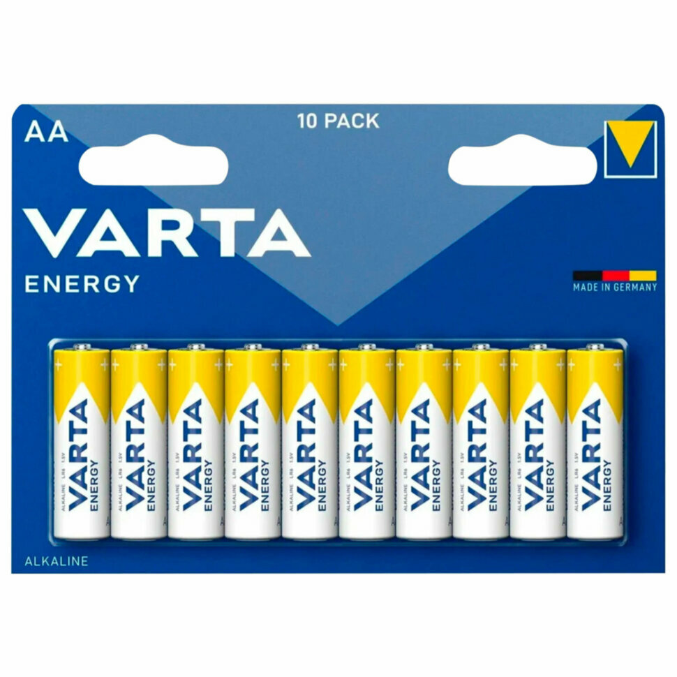 Батарейки алкалиновые "пальчиковые" комплект 10 шт, VARTA ENERGY, АА (LR6, 24А), блистер, 4106229491, 457404