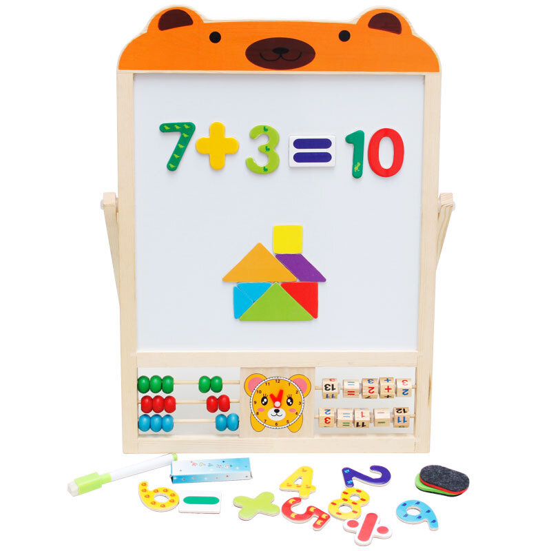 Детская доска для рисования, маленькая магнитная доска, на подставке, для домашнего использования, двусторонняя, с набором цветных карандашей для рисования, складная, подходит для детей 3-6 лет.