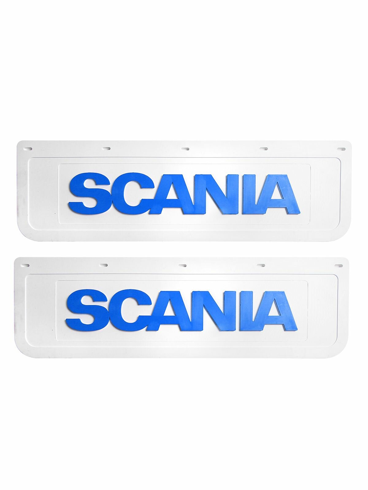 Брызговики белые на передний бампер 600x180 мм (2 штуки). Резина (LUX). Синяя надпись "SCANIA". Сделано в России (25955)