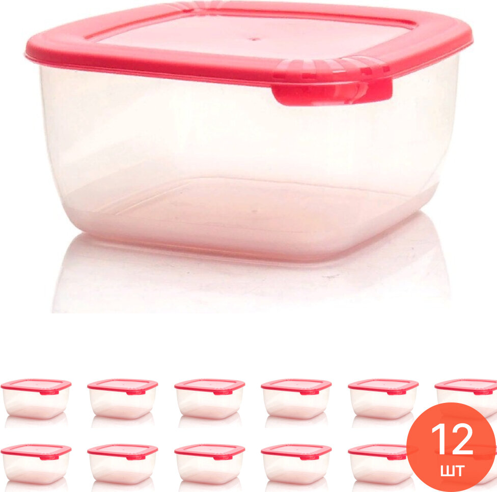 Контейнер для хранения продуктов Полимербыт Лайт полипропилен с крышкой, прозрачный 14.5×14.5×7см объем 0.95л / емкость герметичная для СВЧ (комплект из 12 шт)