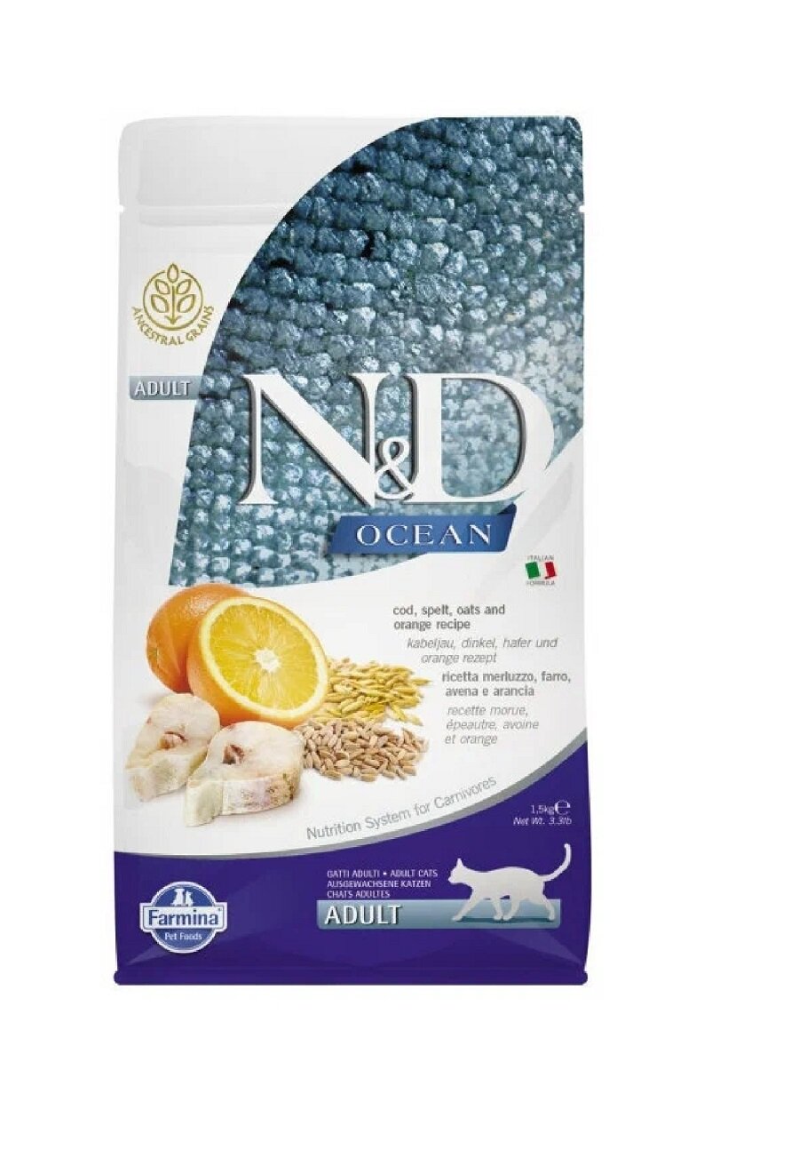 Корм сухой Farmina ND Ocean Cat Cod Spelt Oats Orange Adult для взрослых кошек треска спельта овес и апельсин 1,5кг