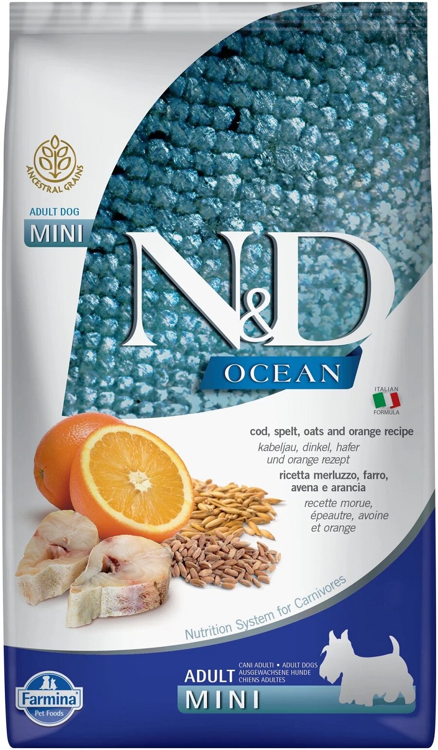 Корм сухой Farmina ND Ocean Dog Codfish Spelt Oats Orange Adult MINI для взрослых собак мелких пород треска спельта овес и апельсин 2,5кг