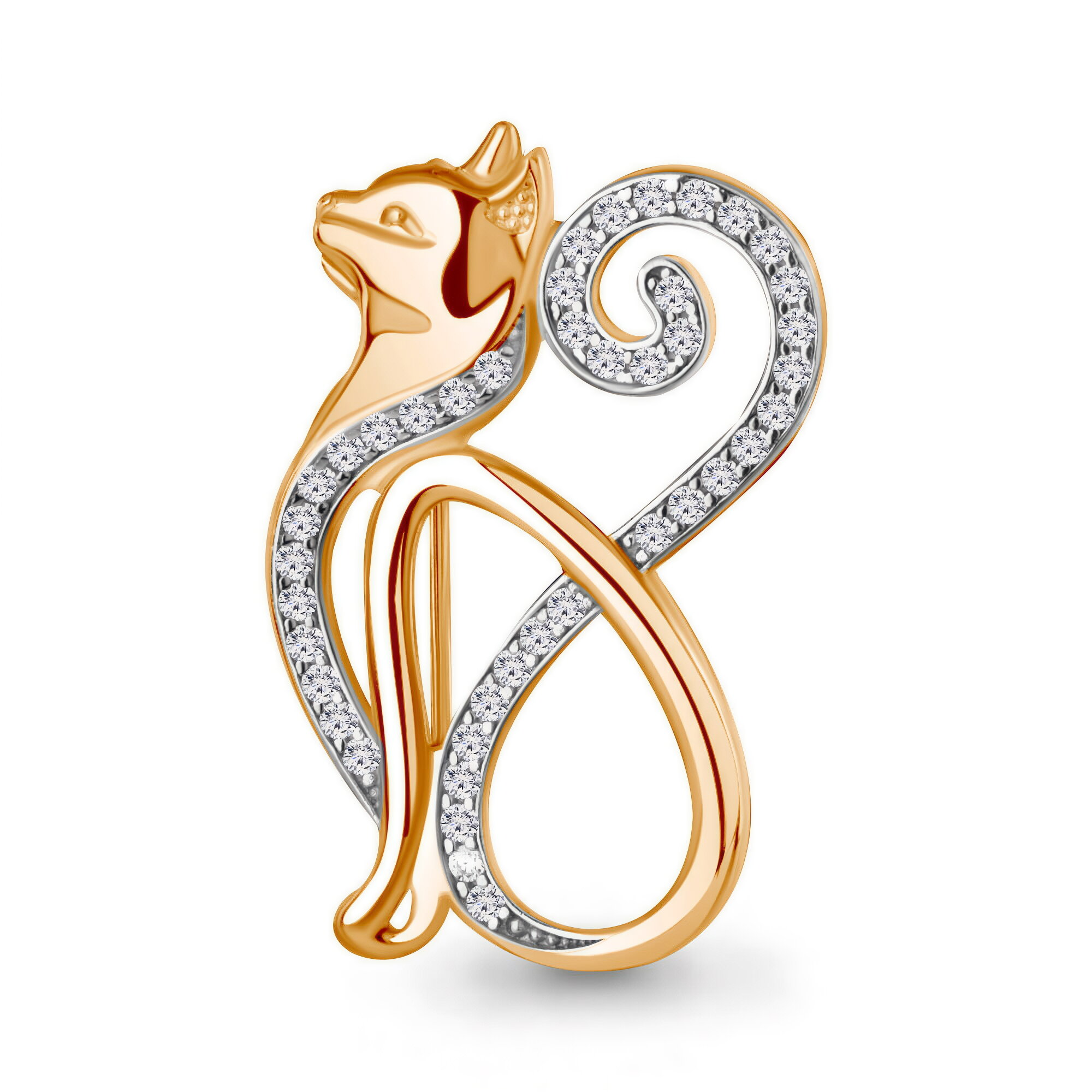 Брошь, серебро, 925 проба, золочение, фианит