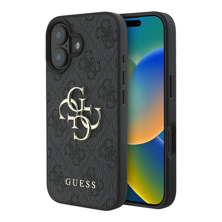 Guess чехол для iPhone 16, Big metal logo из эко-кожи с узором 4G черный
