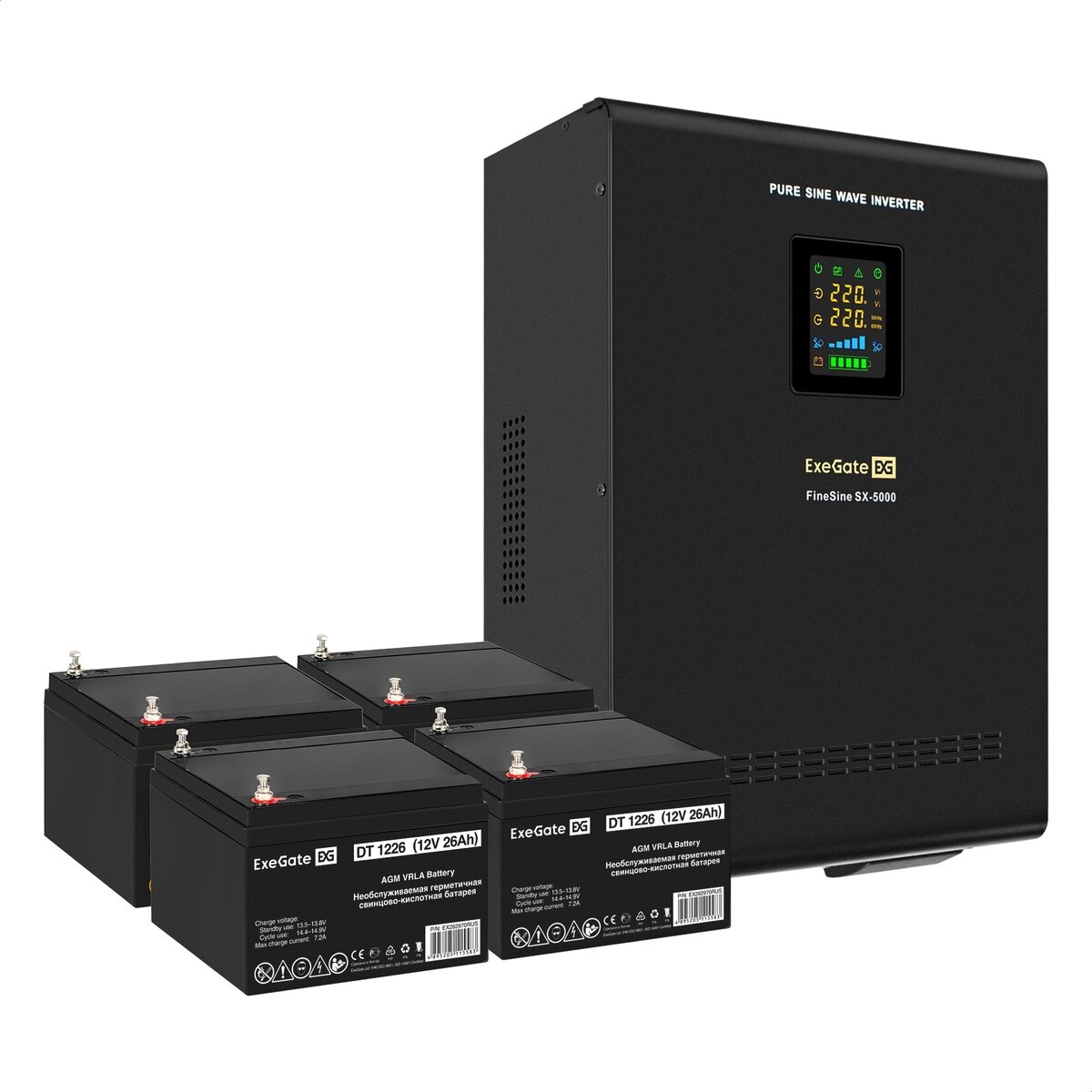 Комплект ИБП EX296004RUS + батарея 26Aч EX282970RUS 4шт (инвертор, синус, для котла, настенный) ExeGate FineSine SX-5000. LCD. AVR.2SH. T