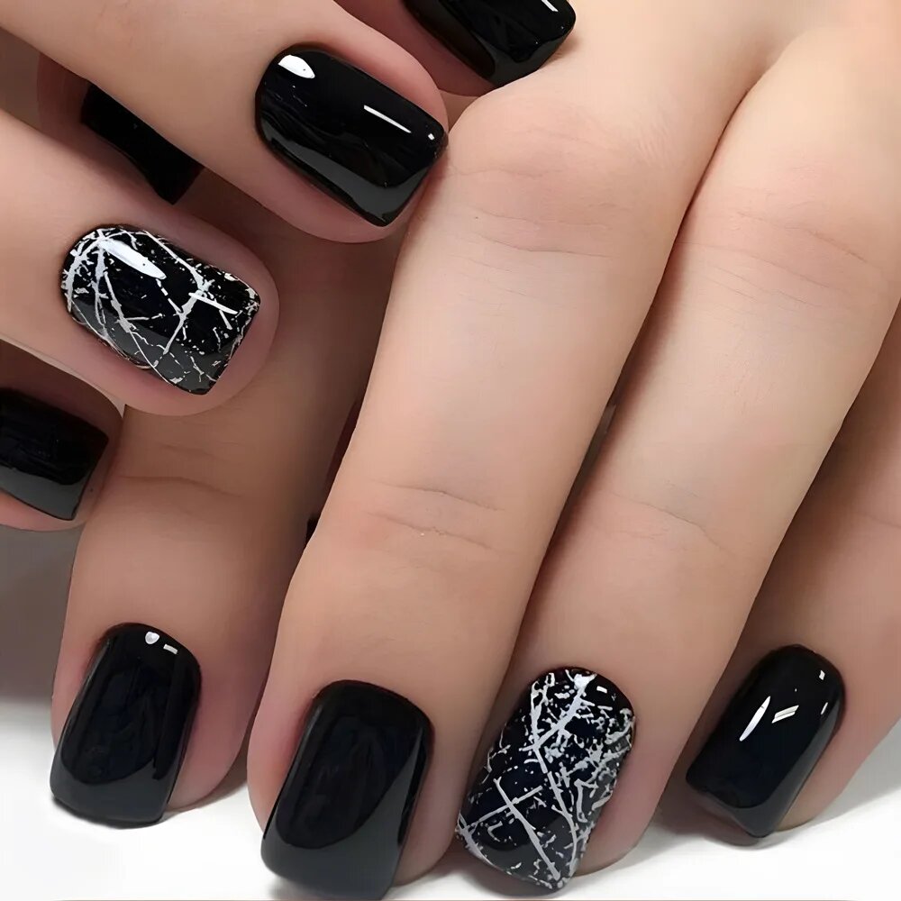 Накладные ногти черные с белым дизайном, короткие, квадратные, Цвет: 01