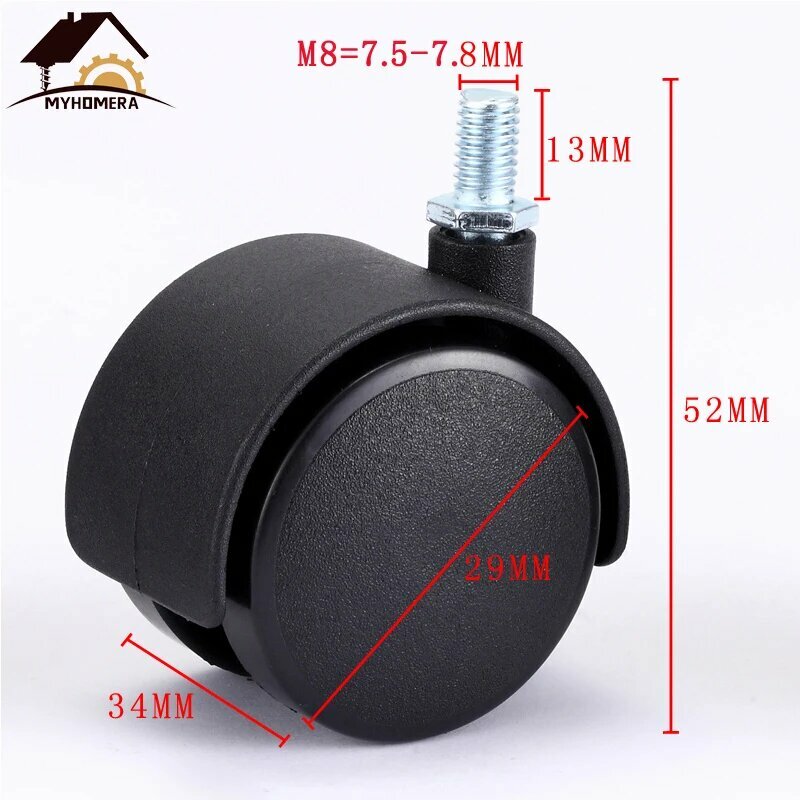 Мебельные ролики черные 30/40/48 мм M8 без тормоза 30mm