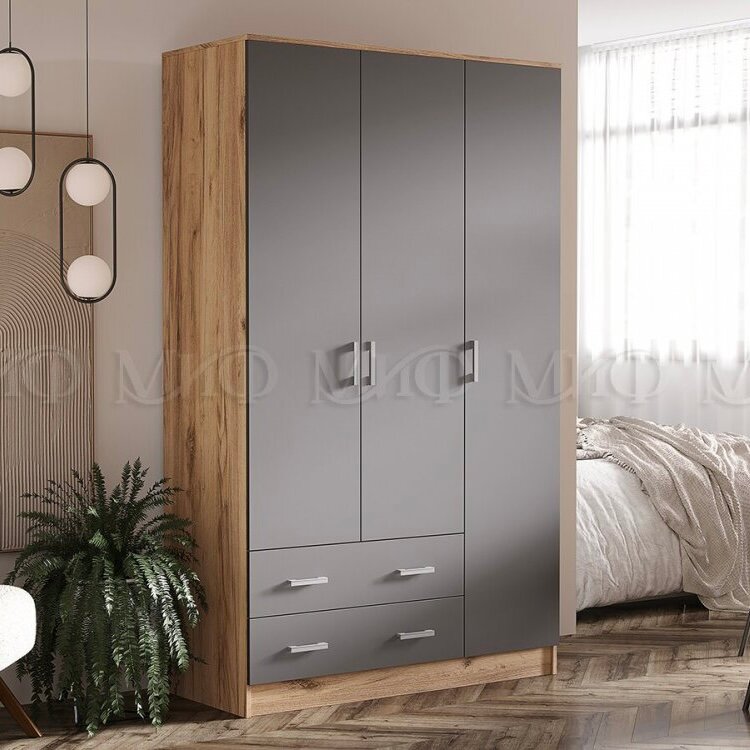 Шкаф для одежды Миф 3-х створчатый, с полками ящиками и штангой, Графит / Дуб крафт золотой, 120×202x52 см