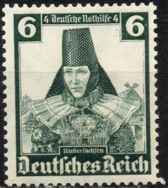 Марка Германия. 1935 г. 3 Рейх. 6 Pfg. Серия "Костюмы". "Высокий" каталог. Металлография. Водяные знаки.