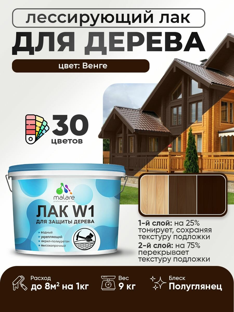 Лак колерованный тонирующий для дерева Malare W1 для деревянных и минеральных поверхностей, моющийся без запаха быстросохнущий, полуглянцевый, венге, 9 кг.