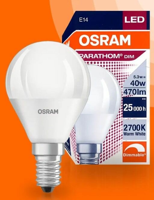 5шт/уп. Лампа LED Шарик 5.3W 230V E14 470Лм 2700К Угол 300 град. D-45mm L-88mm Диммер Свет Теплый белый OSRAM, уп. 5шт