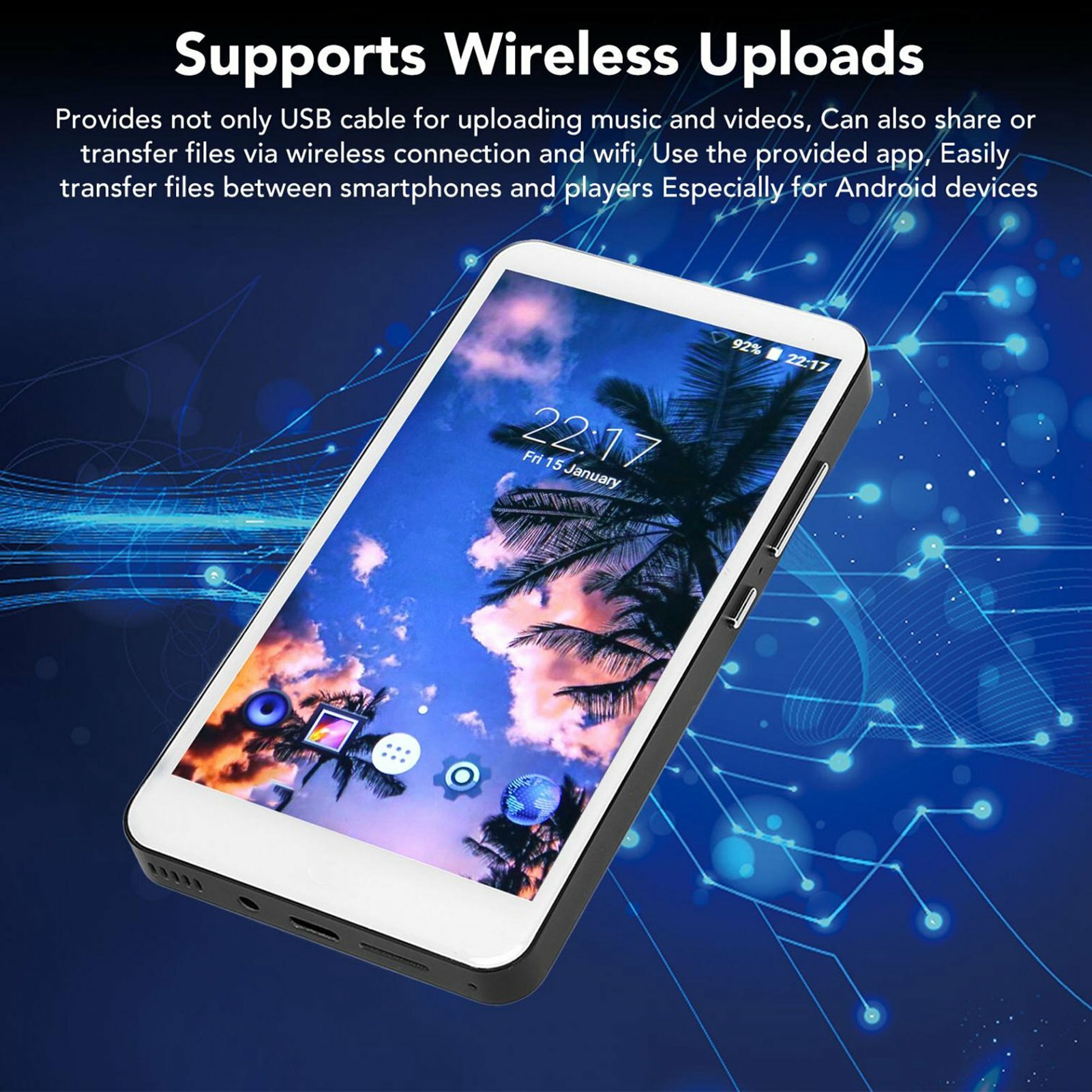 Для Android Портативный MP4-плеер 5,0-дюймовый сенсорный HD-экран Поддержка шумоподавления Фото FM-радио Музыкальный плеер с Bluetooth и Wi-Fi Синий